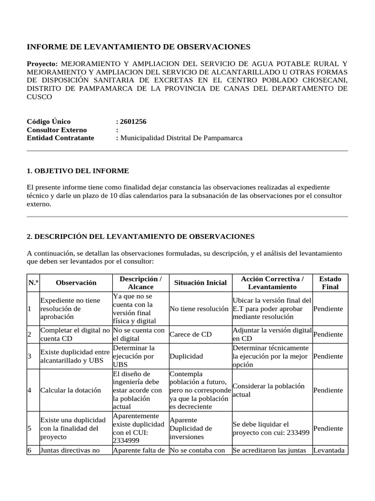 INFORME DE LEVANTAMIENTO DE OBSERVACIONES | PDF | Agua | Alcantarillado