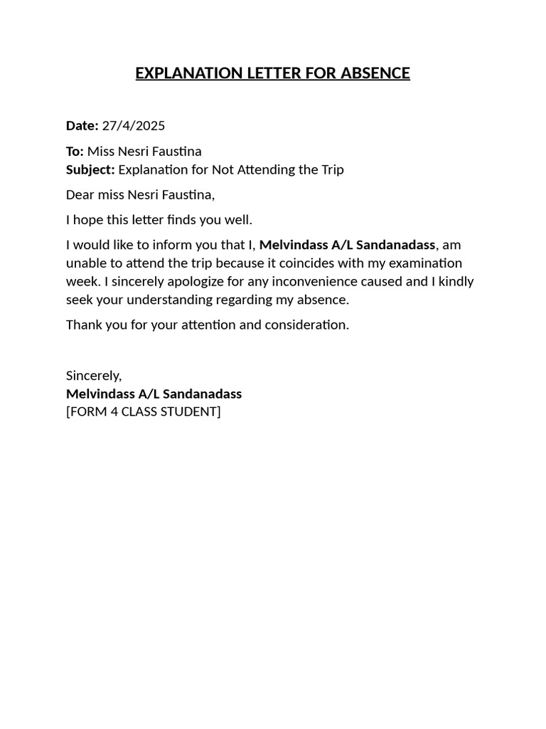 Explanation Letter For Absence | PDF