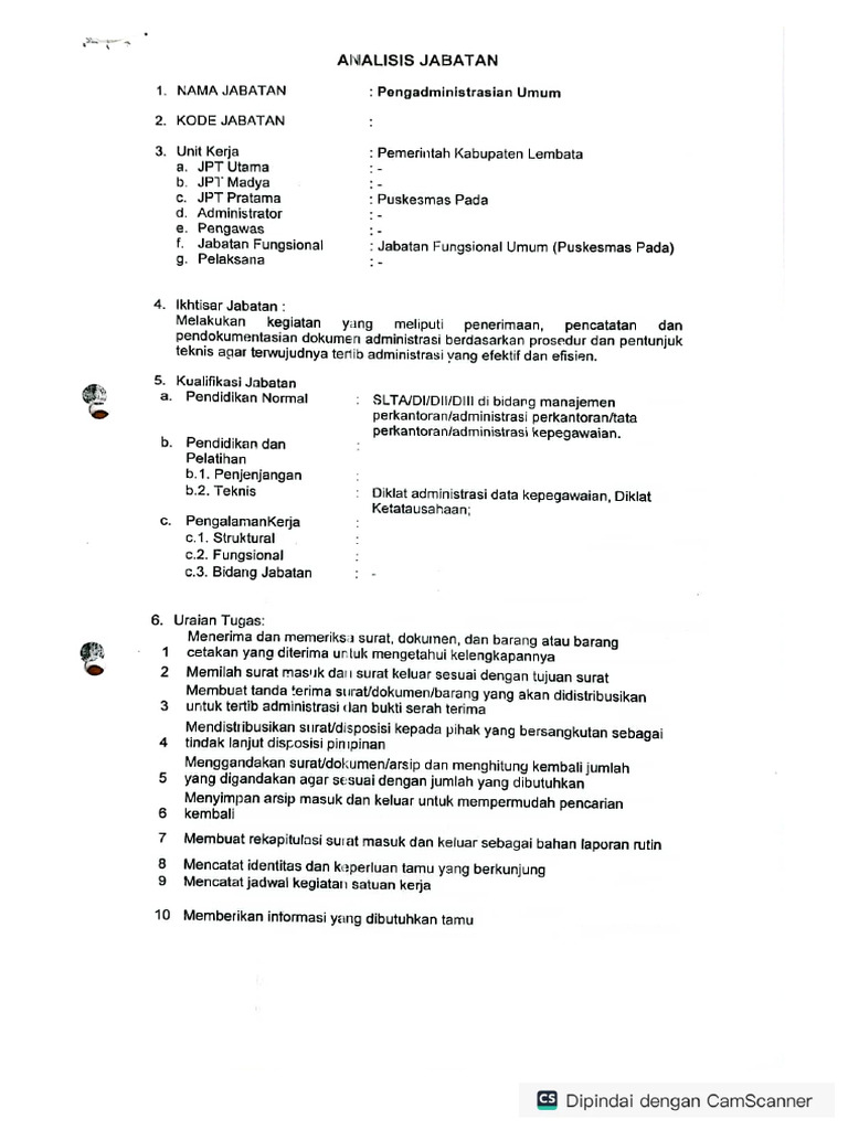 Anjab Puskesmas Pada | PDF