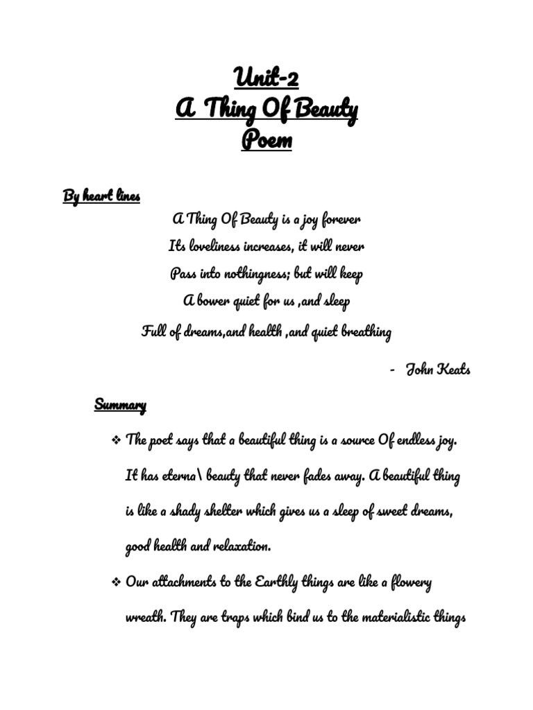 A Thing of Beauty: Poem Summary | PDF