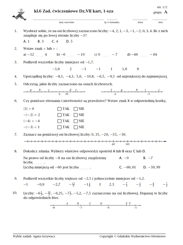 kl.6 Zad - Ćw. Przed 1-Szą Kart. DZ - VII | PDF