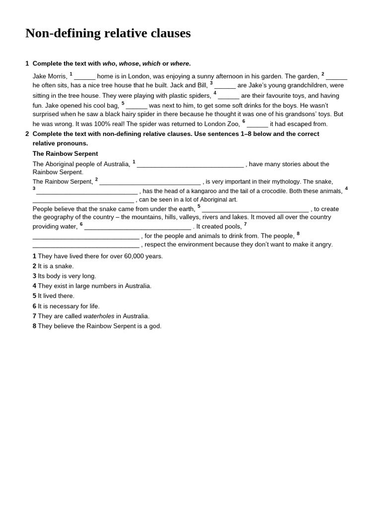 Non-Defining Relative Clauses - Worksheet | PDF