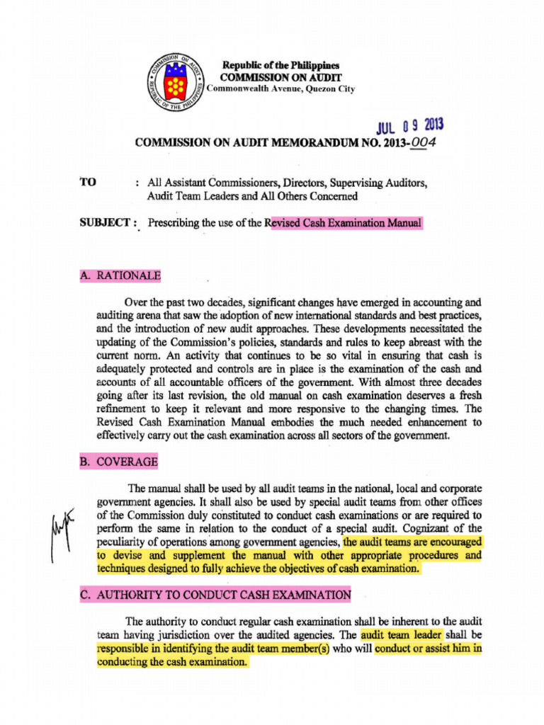COA M2013-004 - Revised Cash Exam Manual | PDF | Cheque | Payments