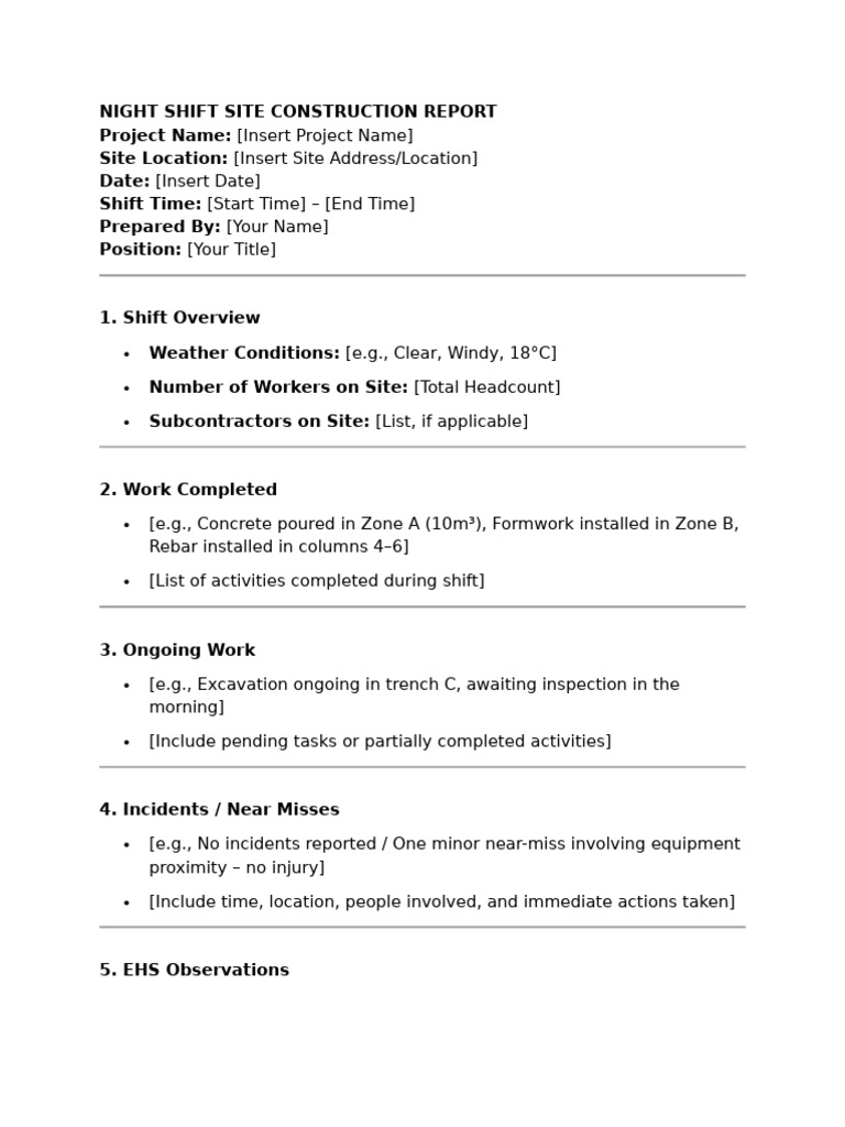Night Shift Construction Report | PDF