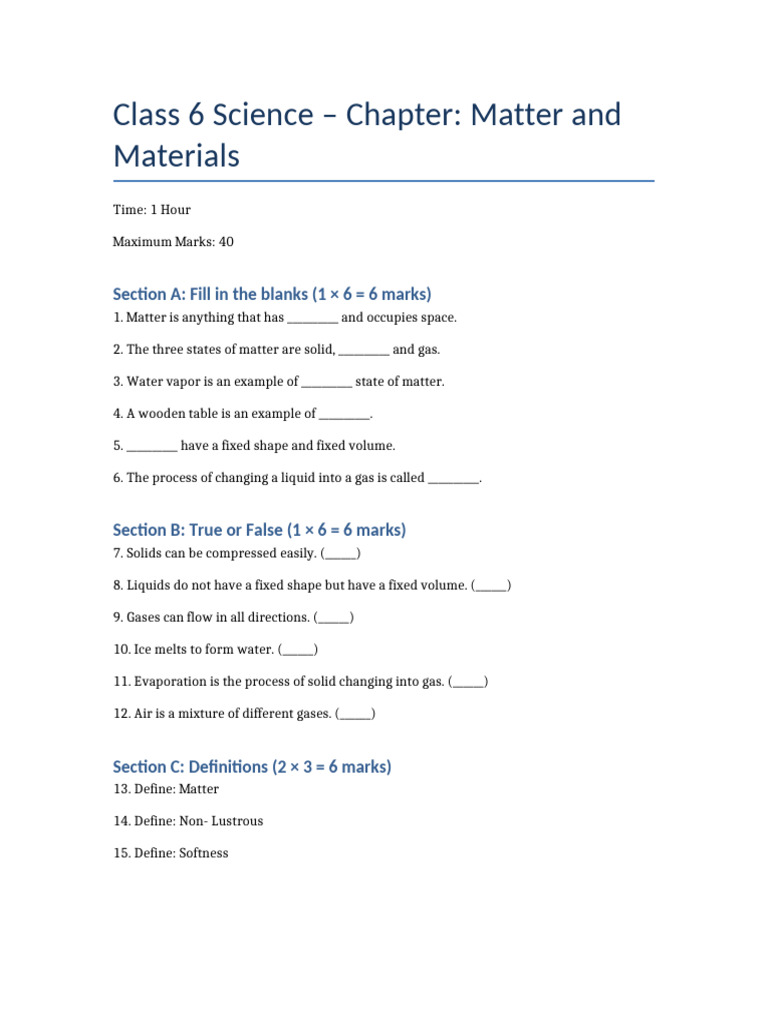 Class 6 Matter and Materials Quiz | PDF