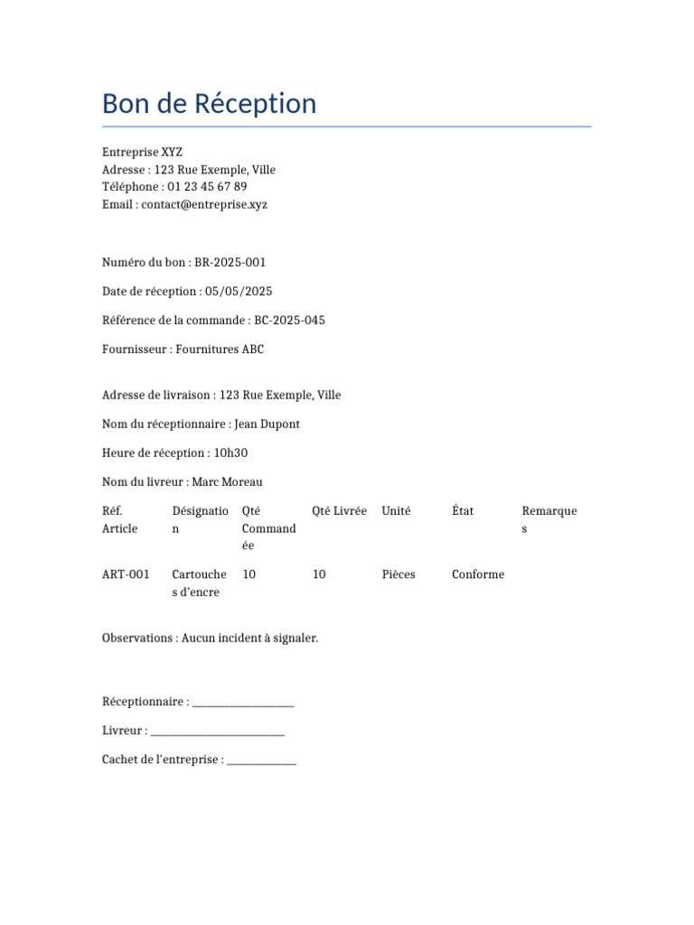 Bon de Réception - Entreprise XYZ | PDF