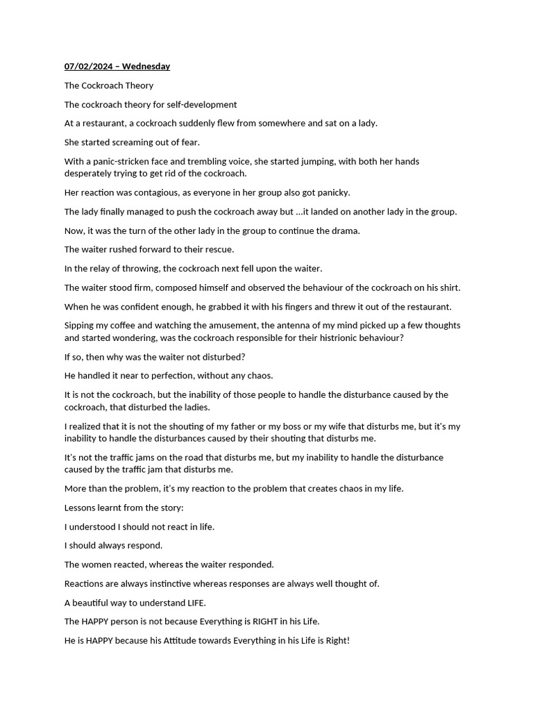 Cockroach Theory: Responding vs. Reacting | PDF