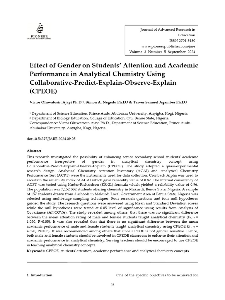 Effect of Gender On Students' Attention and Academic Performance in Analytical Chemistry Using ...