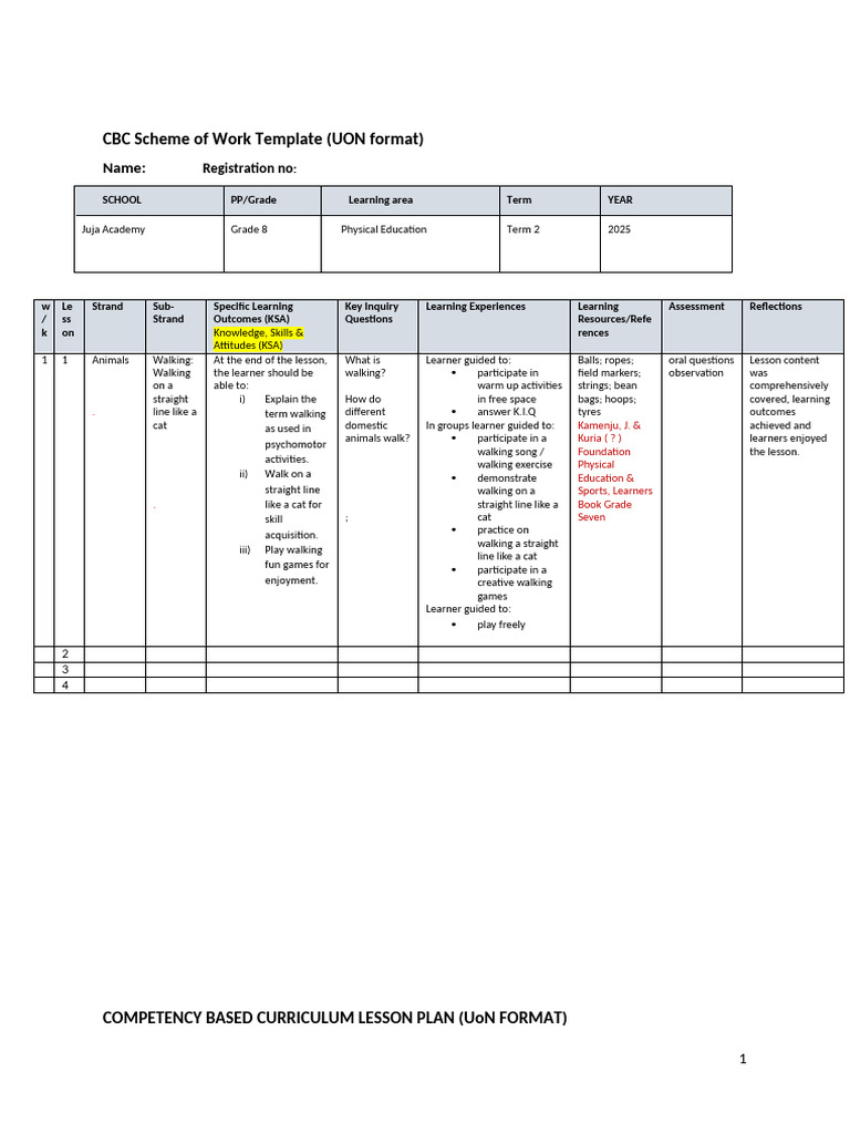 Edited CBC Scheme of Work and Lesson Plan Template UoN April 2025 | PDF ...