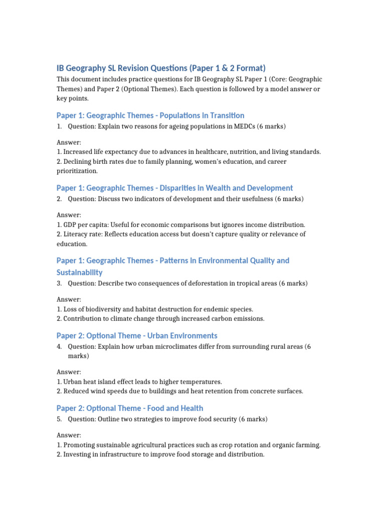 IB Geography SL Revision Questions | PDF | Environmental Degradation ...
