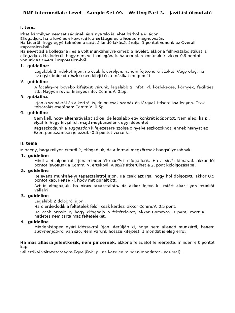 09 BME Intermediate Level - Writing Part 3. - Javítási Útmutató | PDF