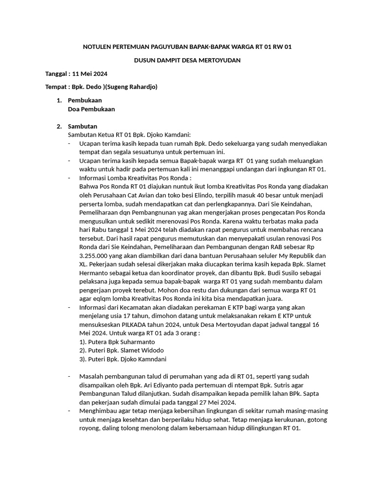 Notulen Pertemuan Paguyuban RT 01 | PDF