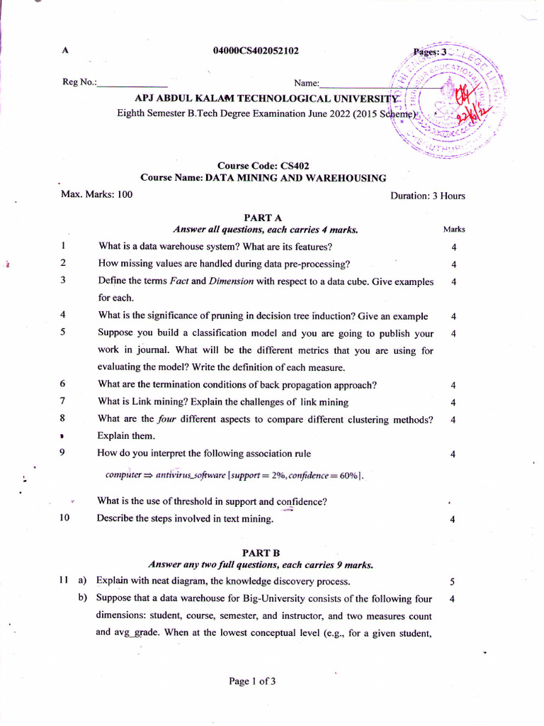 Cs402 Data Mining and Warehousing, June 2022 | PDF | Applied ...