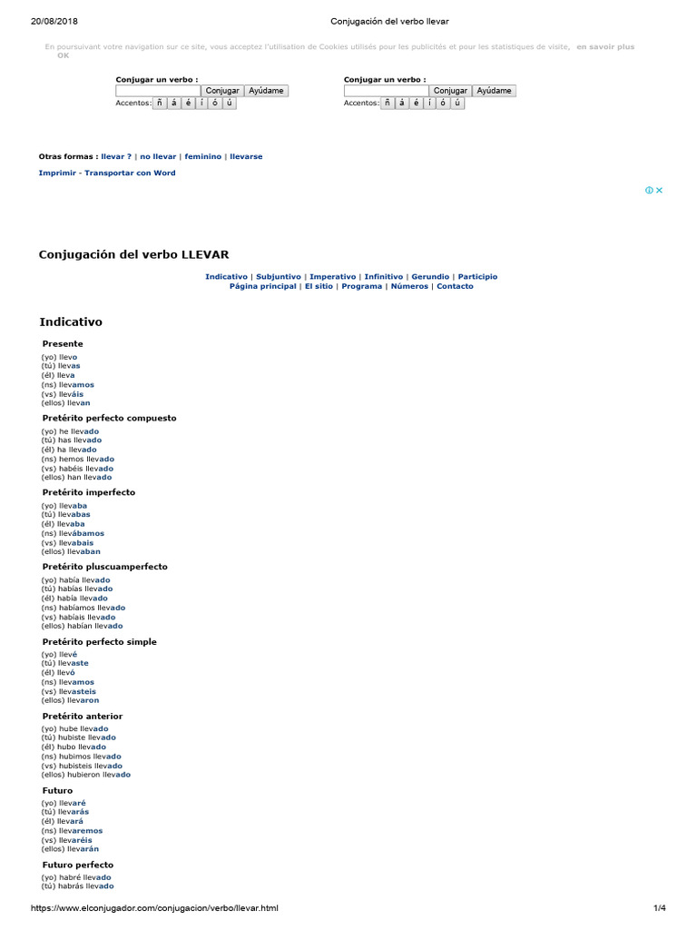 Conjugación Del Verbo Llevar | PDF | Morfología | Relaciones sintácticas