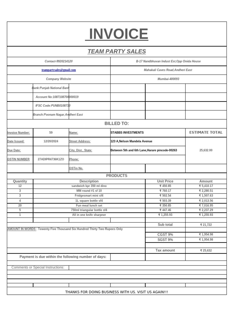 Invoice for Stabbs Investments | PDF | Currency | Payments