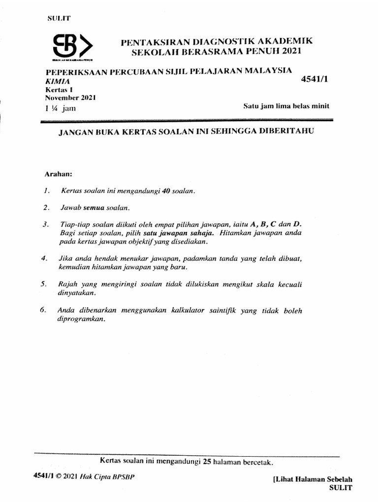KERTAS TRIAL KIMIA SBP K1 2021 | PDF
