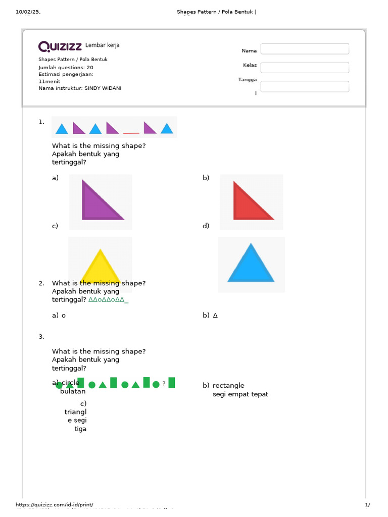 Quizizz - Shapes Pattern - Pola Bentuk | PDF
