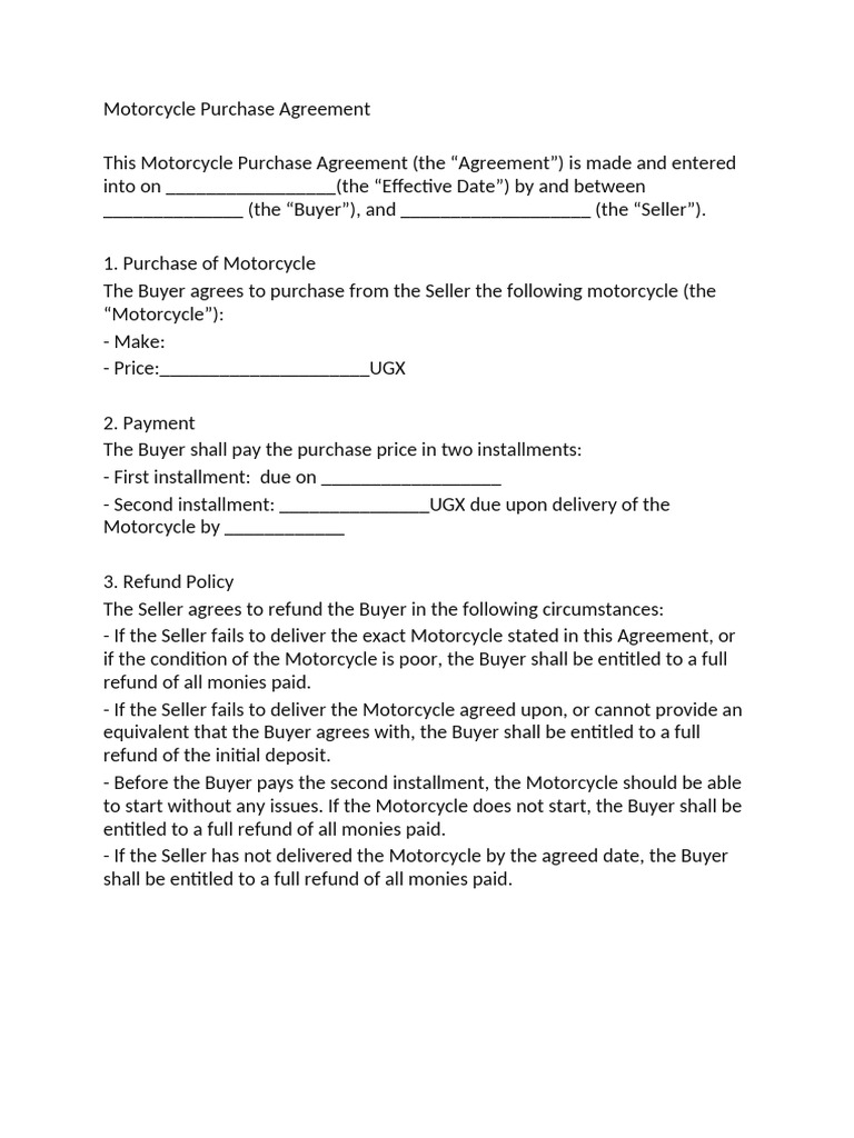 Motorcycle Purchase Agreement Template | PDF | Mail | Procurement