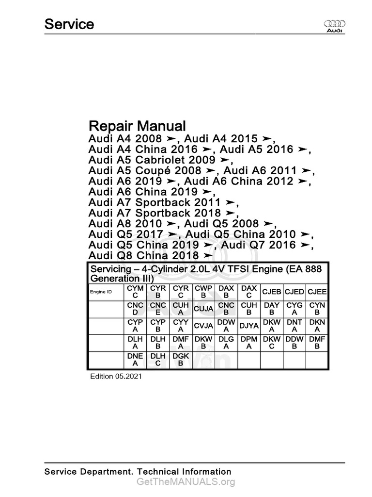 Servicing - 4-Cylinder 2.0L 4V TFSI Engine (EA 888 Generation III ...