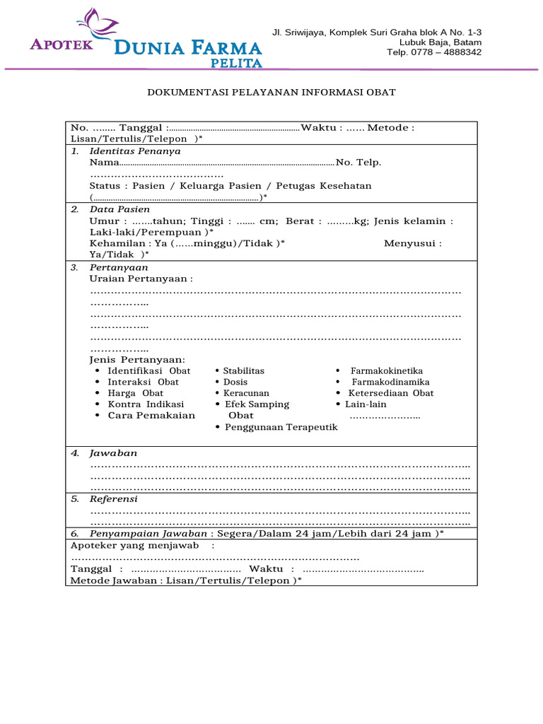 FORM 6. DOKUMENTASI PELAYANAN INFORMASI OBAT | PDF