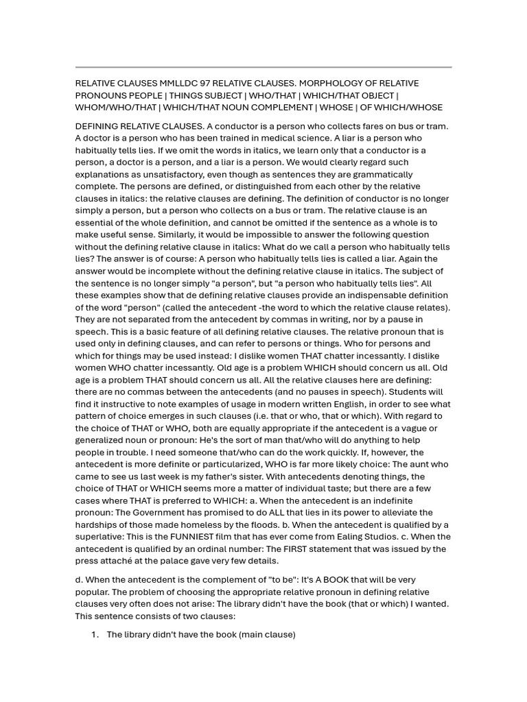 Defining Relative Clauses 1 | PDF | Pronoun | Linguistics
