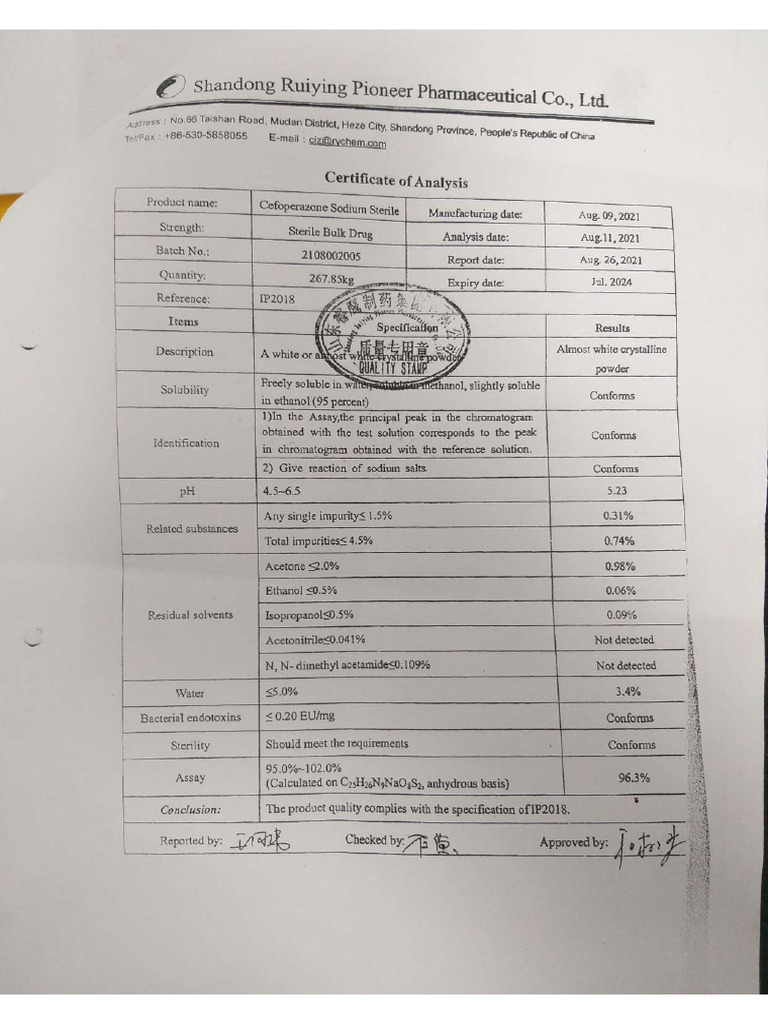 COA Cefoperaz Shaindong | PDF