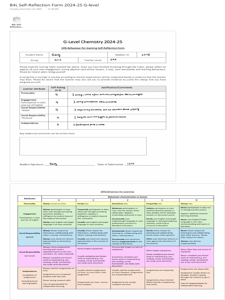 B4L Self-Reflection Form 2024-25 G-Level | PDF