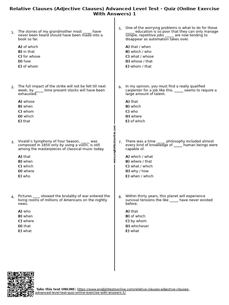 343 Relative Clauses Adjective Clauses Advanced Level Test Quiz Online ...