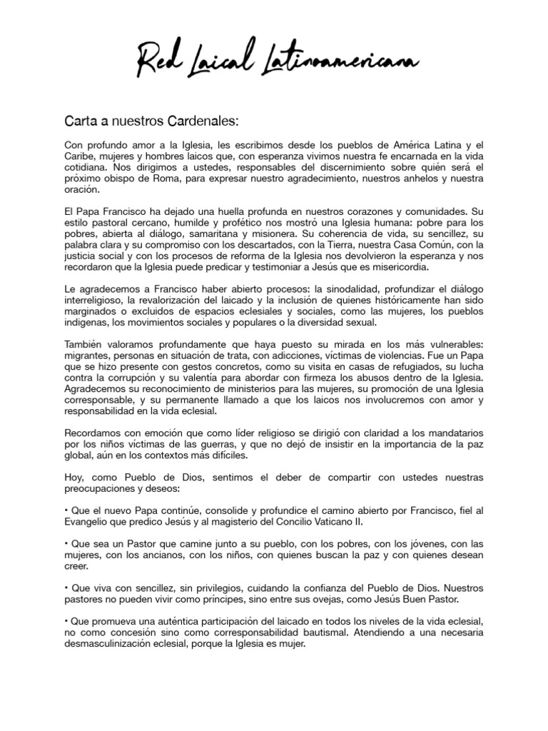 Carta. Red Laical Latinoamericana | PDF | Iglesia Católica | Papa Francisco