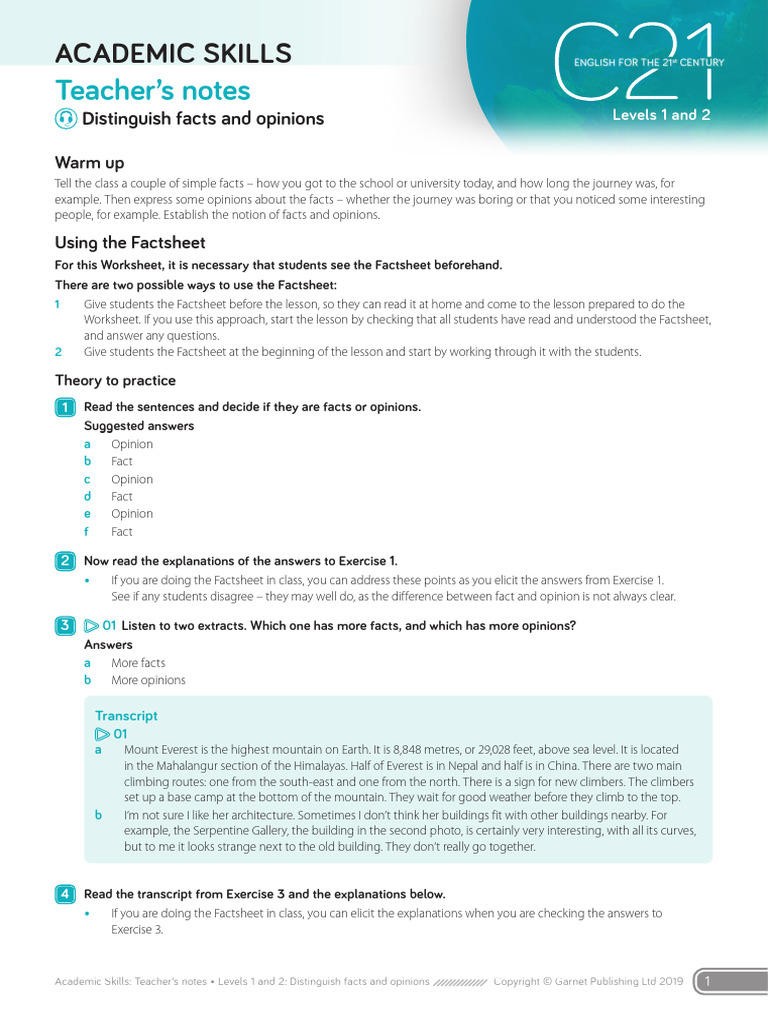 C21 L1+2 Academic Skills Teachers Notes Distinguish Facts and Opinions ...