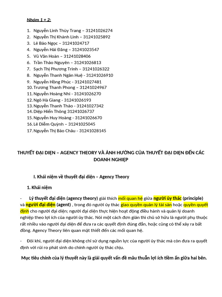THUYẾT ĐẠI DIỆN AGENCY THEORY | PDF