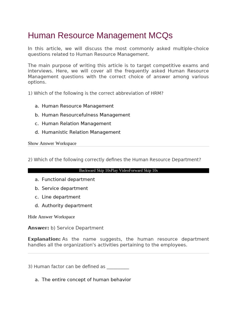 Human Resource Management MCQs | PDF | Human Resource Management | Incentive
