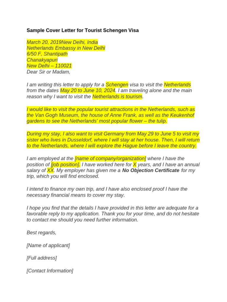 Sample Tourist Visa Cover Letter | PDF