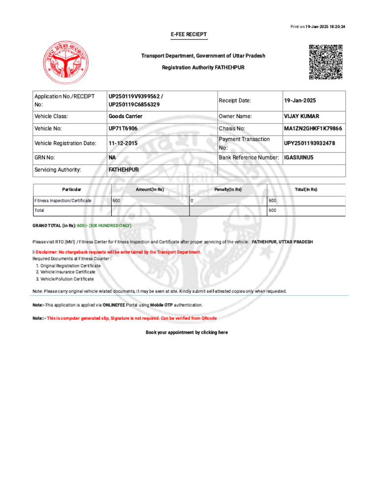 Vahan 4.0 (Citizen Services) Sp-Morth-Ws03 175 8014 | PDF | Receipt