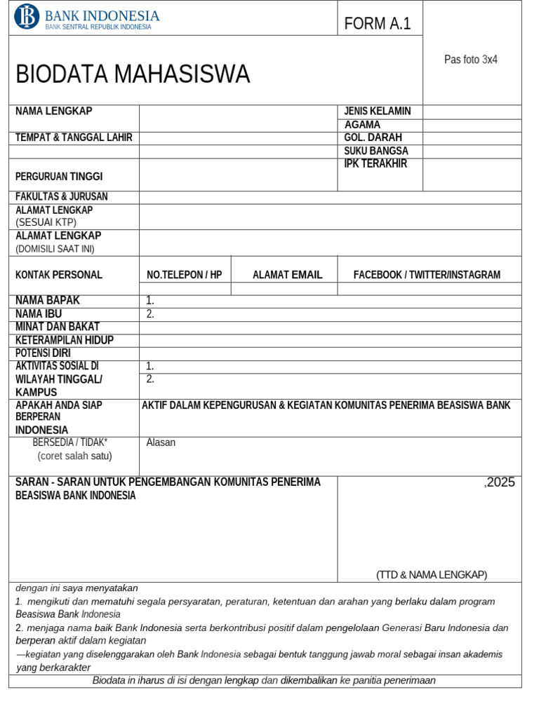 Formulir Beasiswa BI | PDF