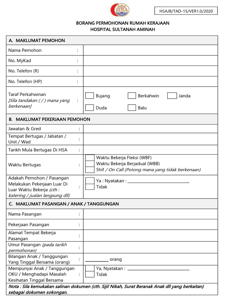 Borang Permohonan Kuarters Versi Terkini 2020 | PDF