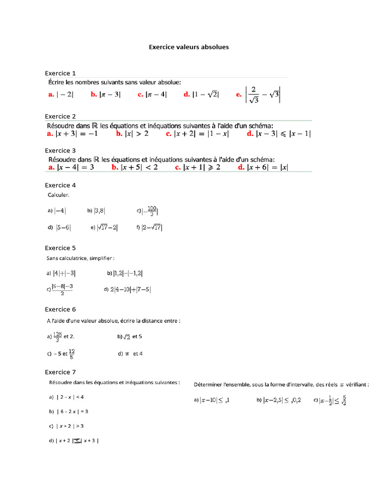 Exercice Valeurs Absolues | PDF