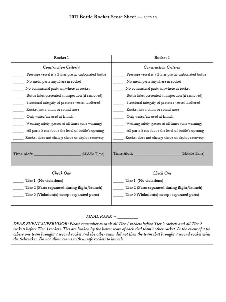 2011 - Bottle - Rocket - Score - Sheet 2-12-11 | PDF | Rocket | Rocketry