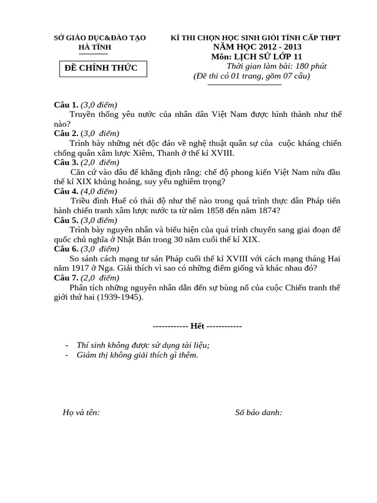 Dethi HSG L11 2013 HaTinh Lichsu | PDF