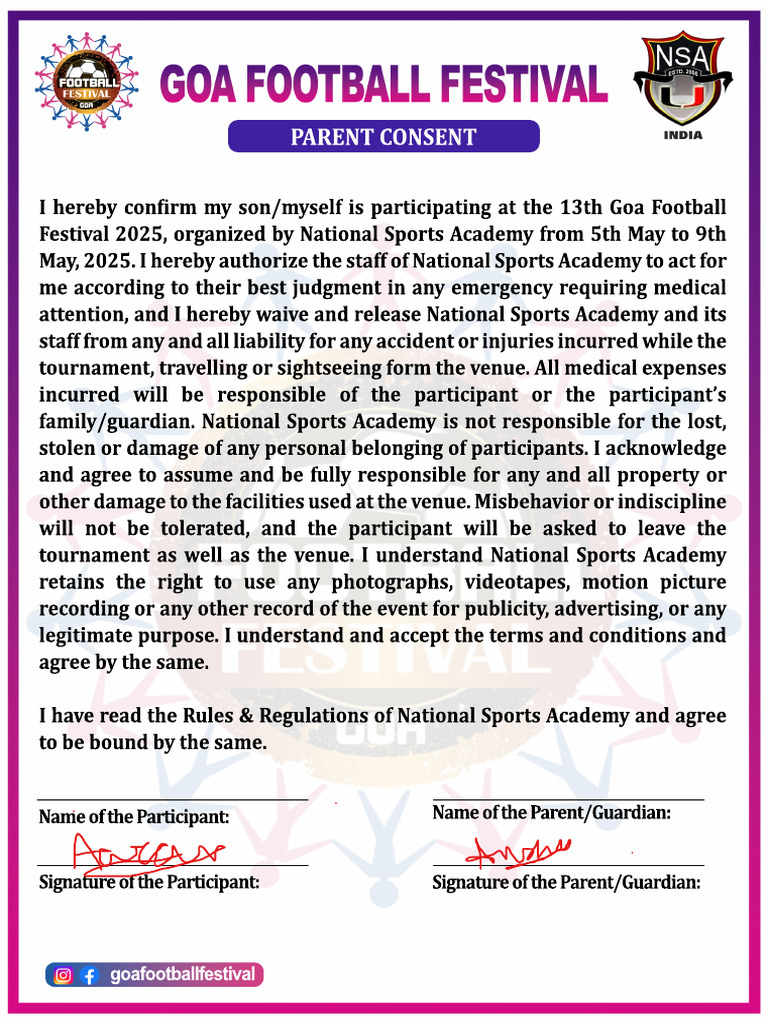 GOA FESTIVAL Parent Consent Form | PDF