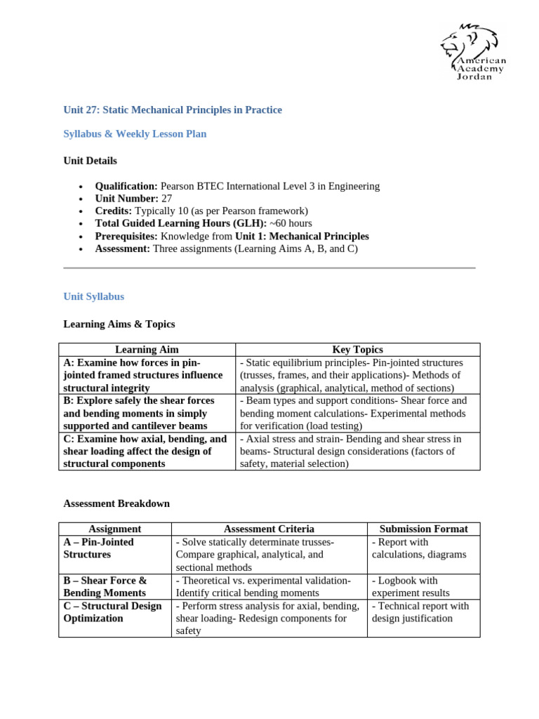 Unit 27 SYLLABUS AND WEEKLY PLAN | PDF | Bending | Truss