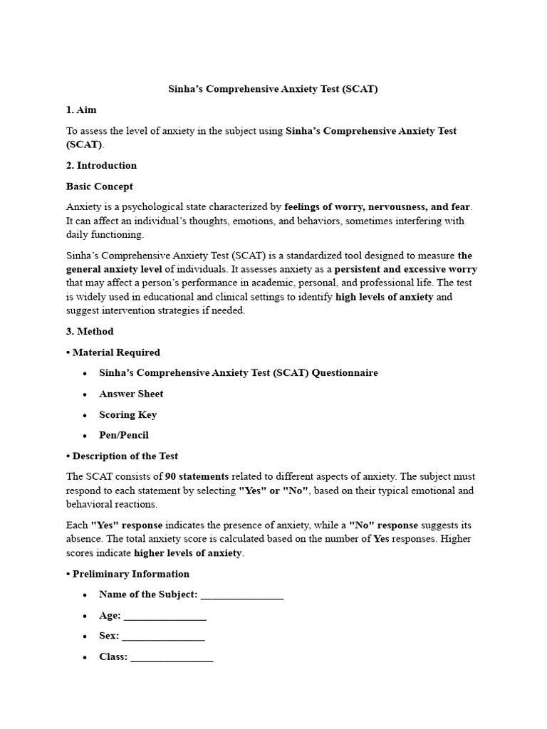 Sinha's Comprehensive Anxiety Test | PDF | Anxiety | Mental Health