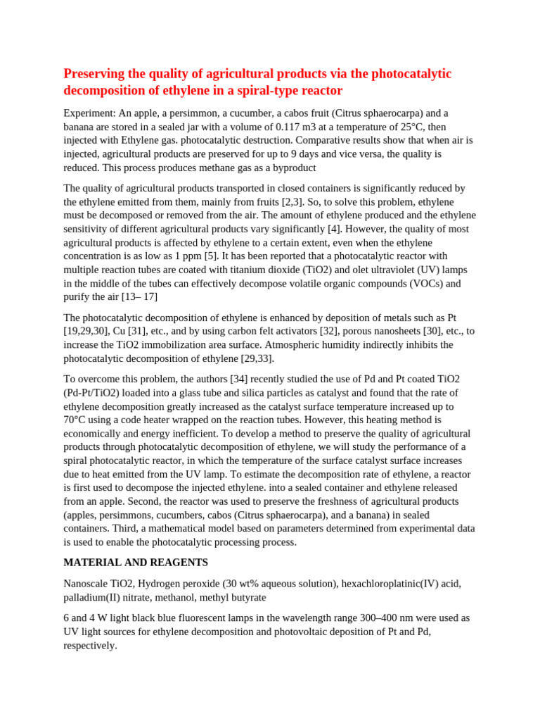 REVIEW Photocatalytic Decomposition of Ethylene in a Spiral | PDF ...