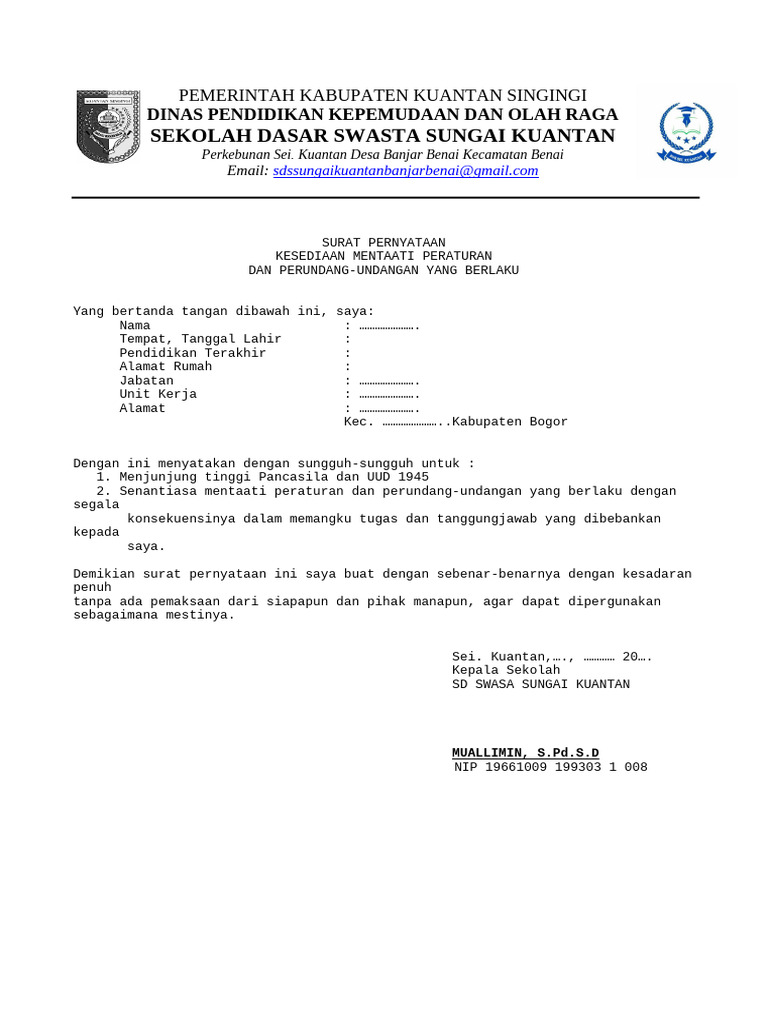 Surat Pernyataan Kesediaan Patuh Hukum | PDF