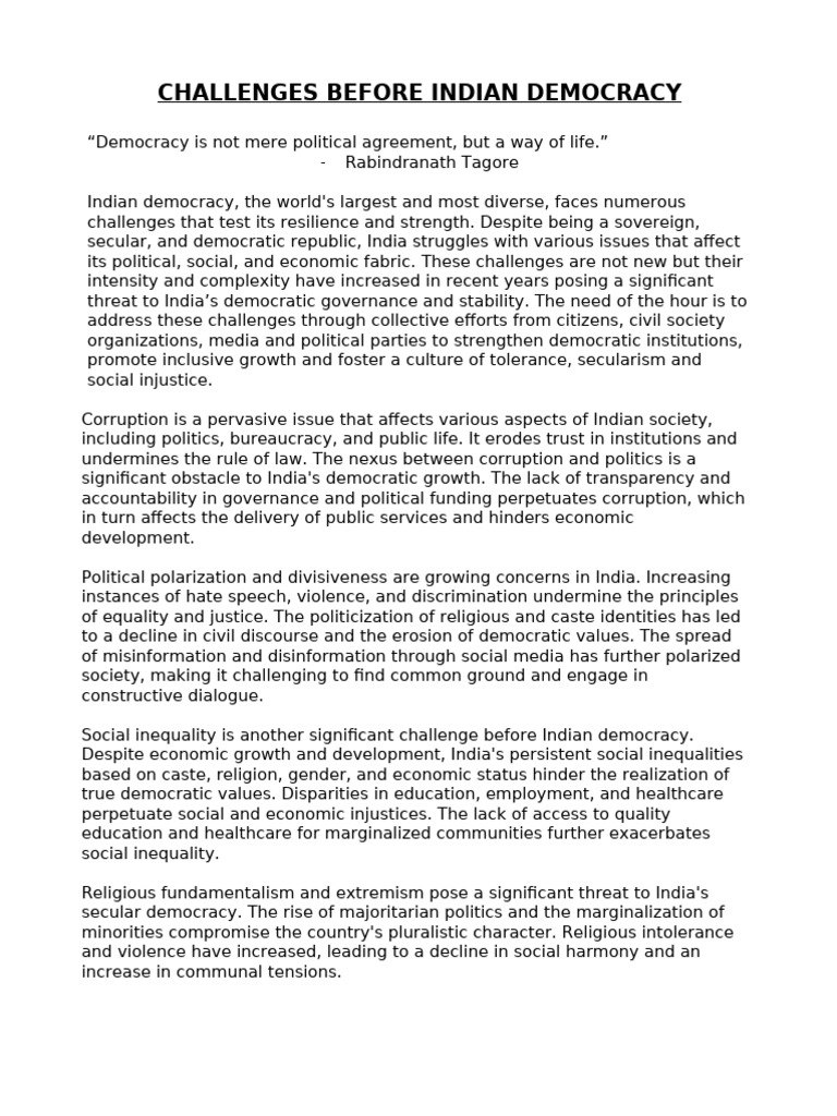 Challenges Before Indian Democracy | PDF | Democracy | Political Ideologies