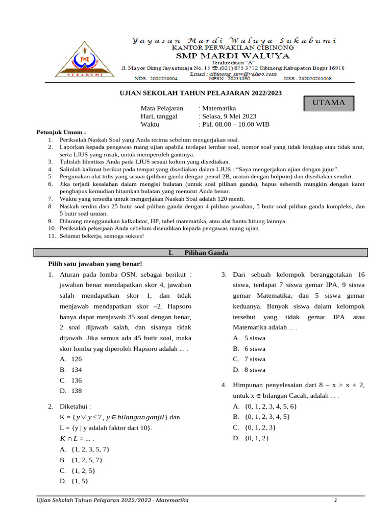 Soal US-2023 Matematika - Utama | PDF