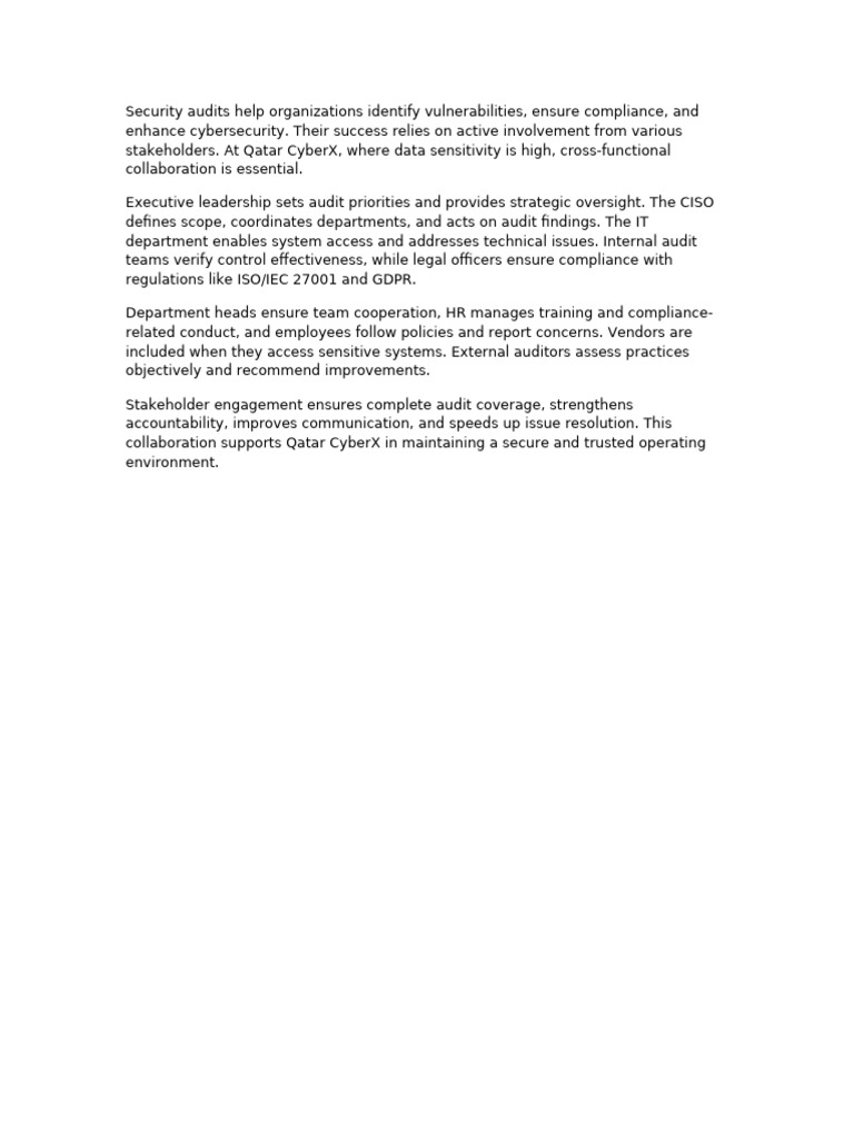 Security Audit Stakeholder Involvement QatarCyberX | PDF