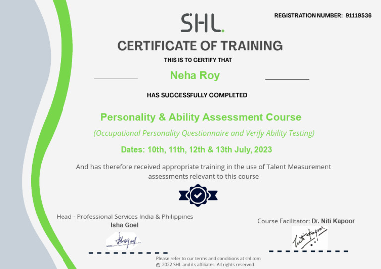 SHL Certificate of Training 1691036761 | PDF