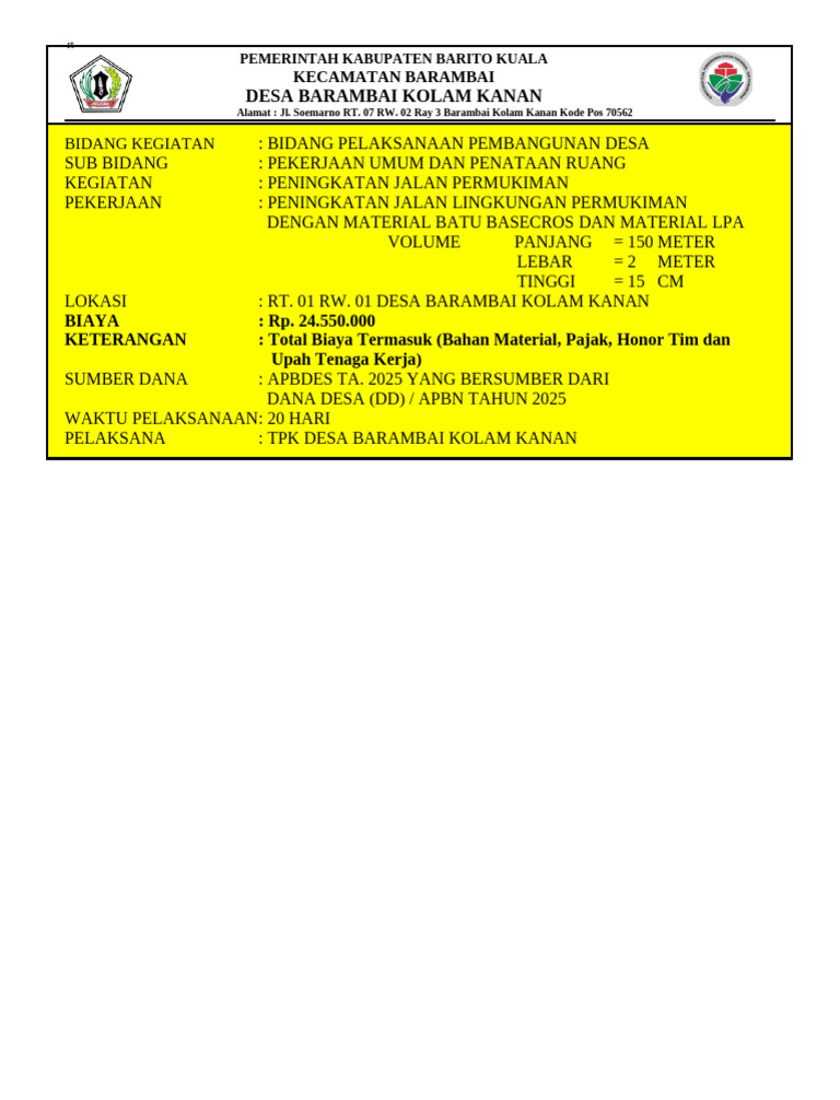 Papan Proyek Jalan Permukiman RT 01 RW 01 Tahun 2025 | PDF
