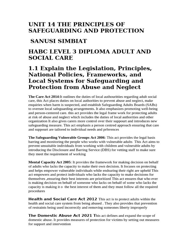 Unit 14 The Principles of Safeguarding and Protection 2 | PDF ...